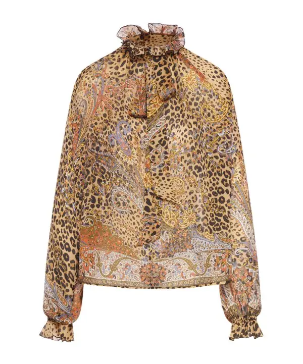 Etro Printed Silk Blouse With Ruffled Neckline - Nude