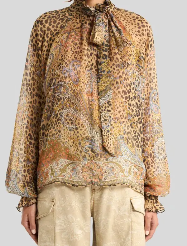 Etro Printed Silk Blouse With Ruffled Neckline - Nude