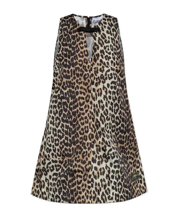 GANNI Leopard Print V-neck Sleeveless Bow Dress