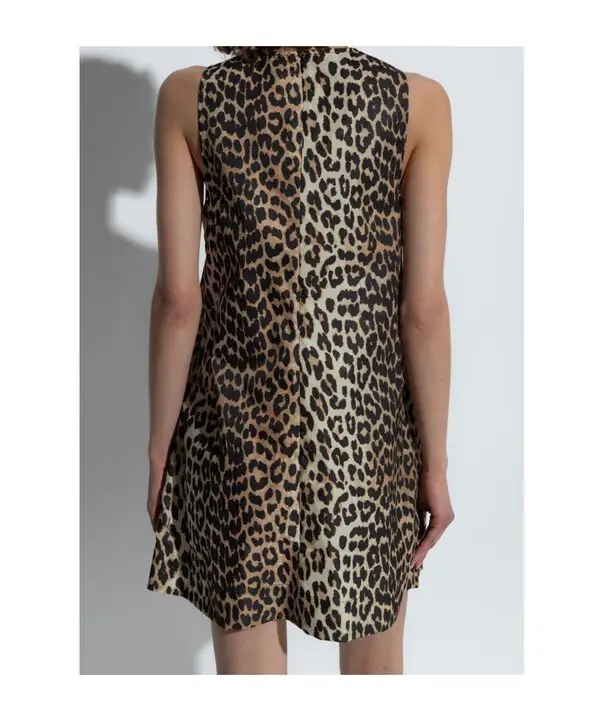 GANNI Leopard Print V-neck Sleeveless Bow Dress