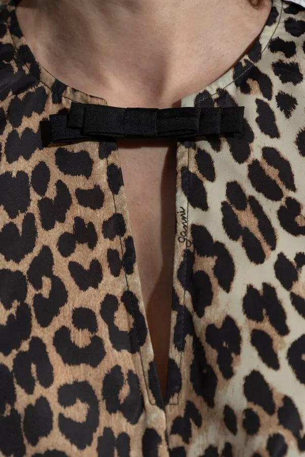 GANNI Leopard Print V-neck Sleeveless Bow Dress