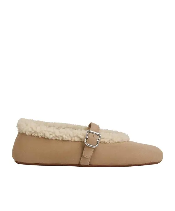 Alaïa Shearling-trimmed Buckled Ballet Flats - Camel