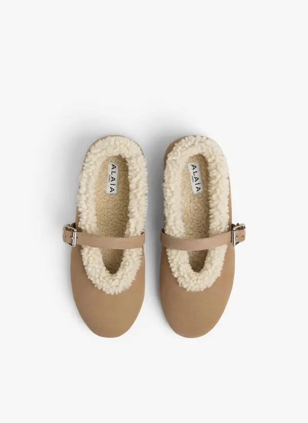Alaïa Shearling-trimmed Buckled Ballet Flats - Camel