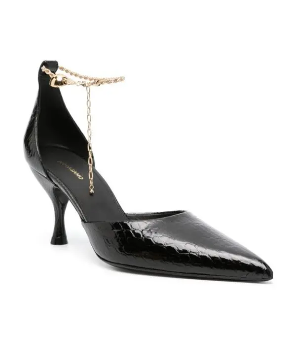 FERRAGAMO Pointed Ankle Chain High Heels - Black