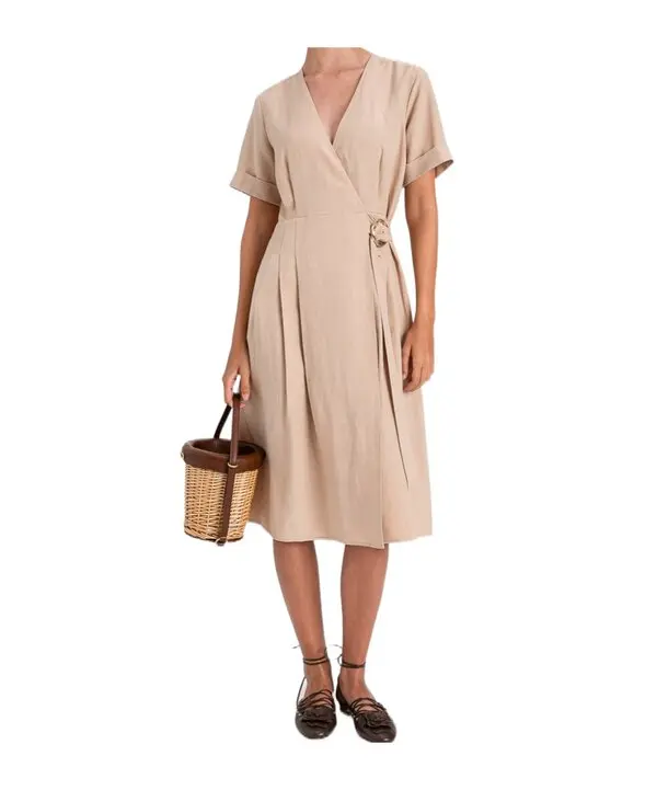 TWINSET Pleated Wrap Midi Dress With Buckled Belt - Nude