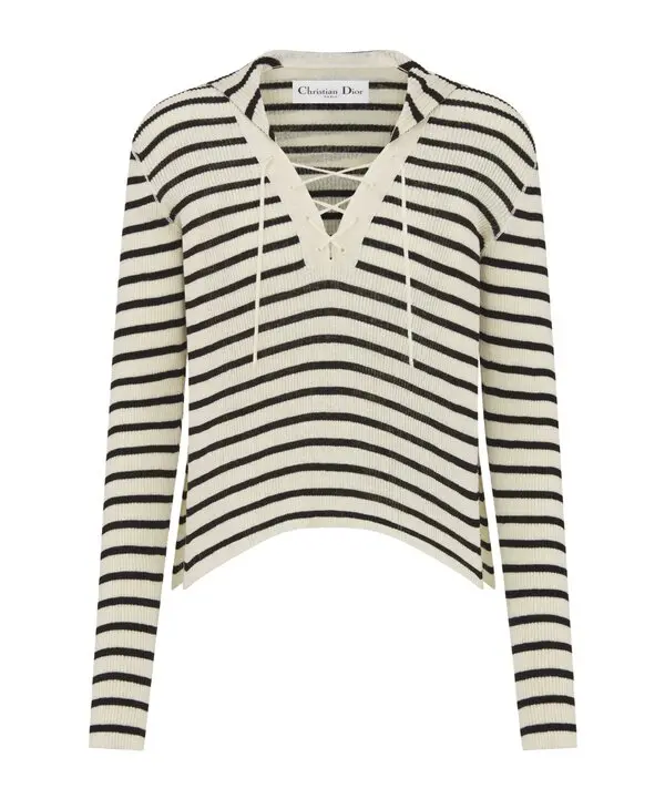 Dior Striped V-neck Jumper With Lace-up Detail - White