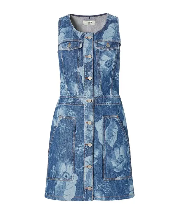Fendi Sleeveless Floral Print Denim Mini Dress - Blue