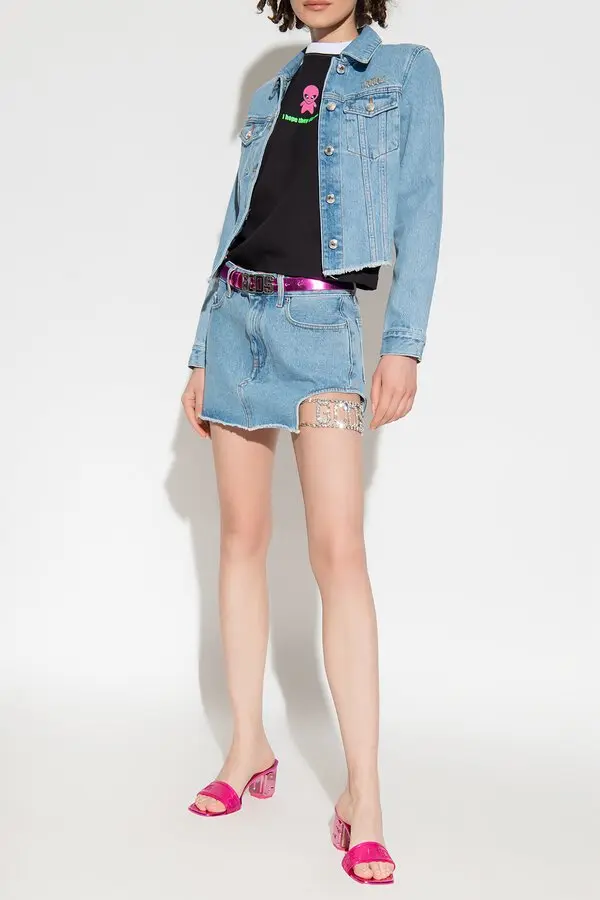 Gcds Denim Skirt With Crystal Embellishments