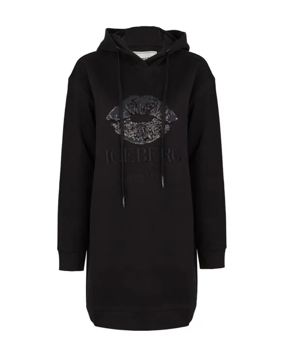 Iceberg Sequined Lip Hoodie Dress - Black