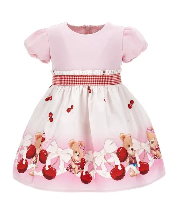 Monnalisa Teddy Bear And Cherry Print Flared Dress