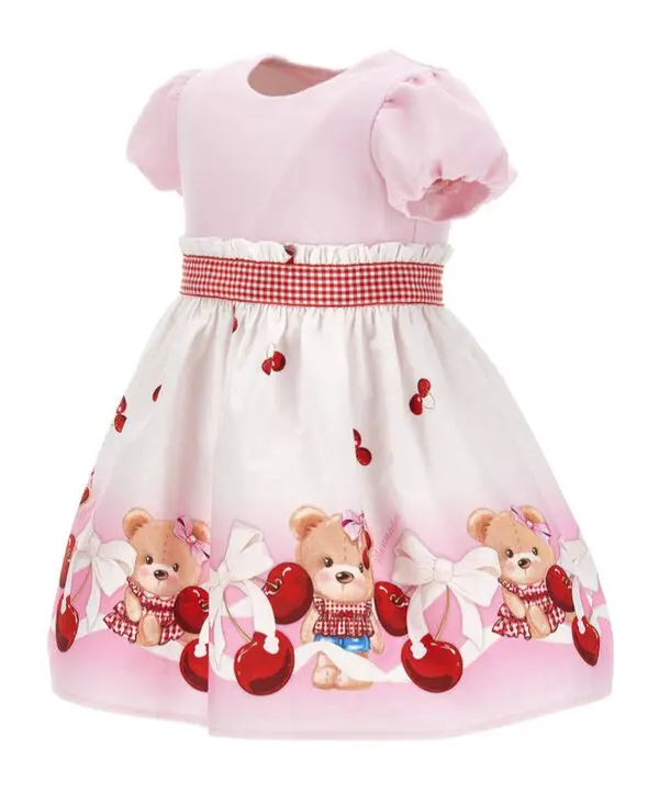Monnalisa Teddy Bear And Cherry Print Flared Dress