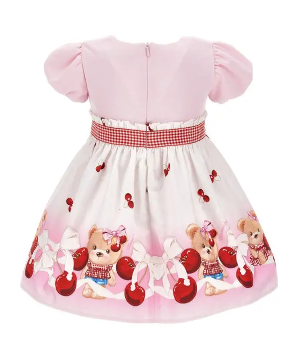 Monnalisa Teddy Bear And Cherry Print Flared Dress