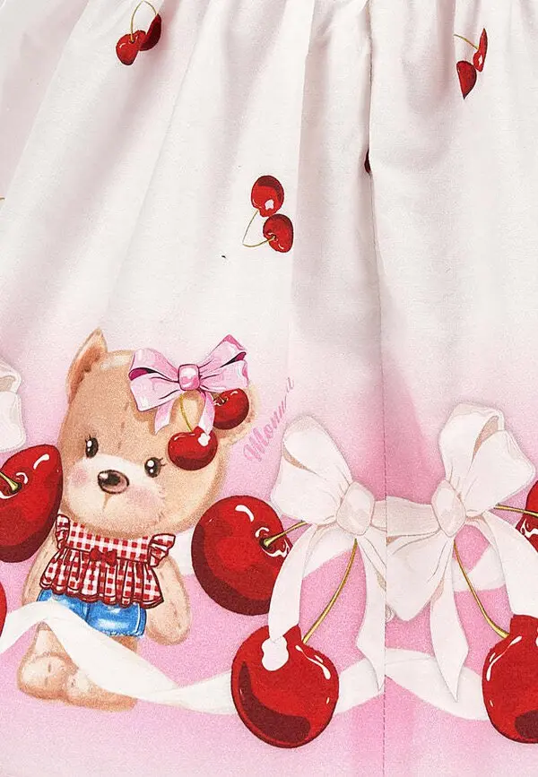 Monnalisa Teddy Bear And Cherry Print Flared Dress