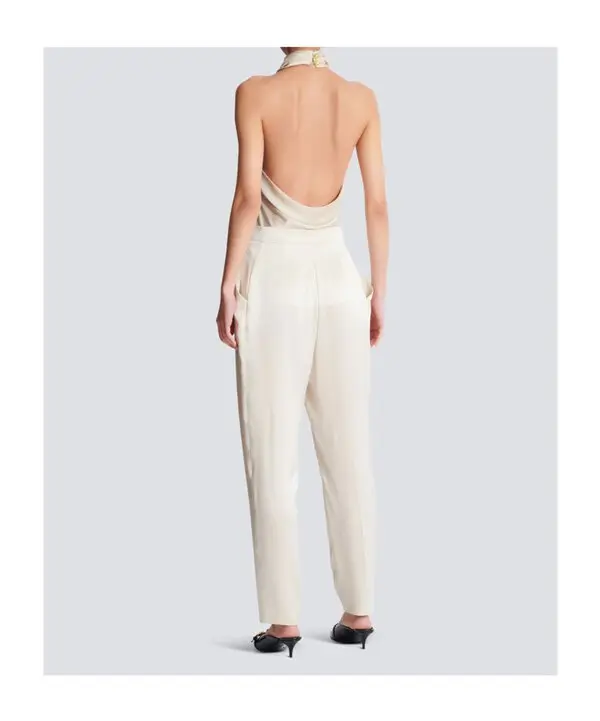 Balmain High-waisted Silk Trousers With Double Chain Lion Medallion