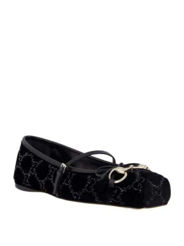 Gucci Gg Crystal Horsebit Ballet Flat - Black
