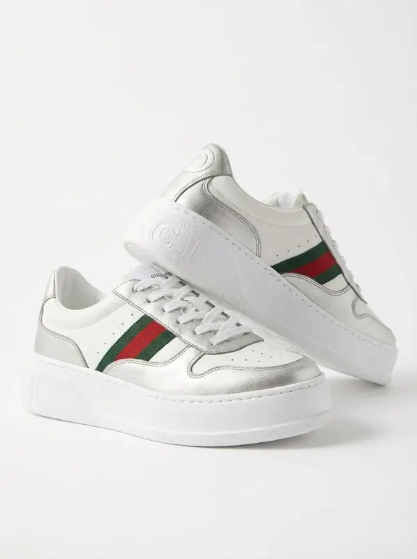 Gucci White And Platform Sneakers With Web Tri-band Detail