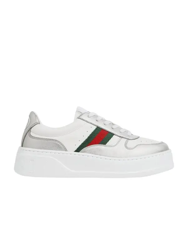 Gucci White And Platform Sneakers With Web Tri-band Detail