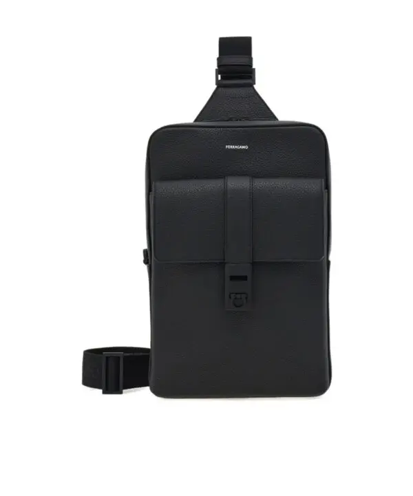 FERRAGAMO Hammered Calfskin Sling Bag With Iconic Buckle - Black