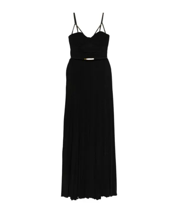Elisabetta Franchi Pleated Maxi Dress With Belt - Black