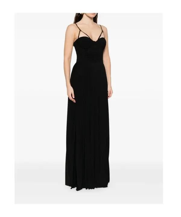 Elisabetta Franchi Pleated Maxi Dress With Belt - Black