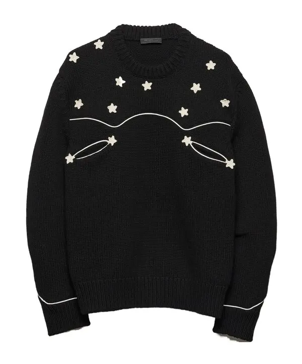 Prada Long-sleeved Crewneck Jumper With Star Embellishments - Black