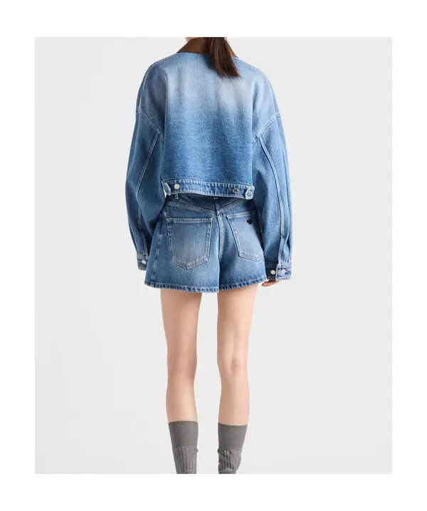 Prada Logo Plaque Zip-up Denim Jacket - Light Blue