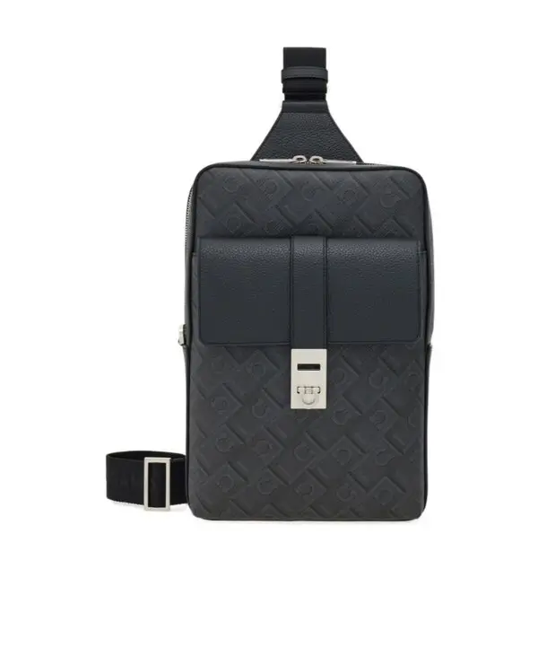 FERRAGAMO Monogram Sling Bag With Hug Buckle - Black/grey