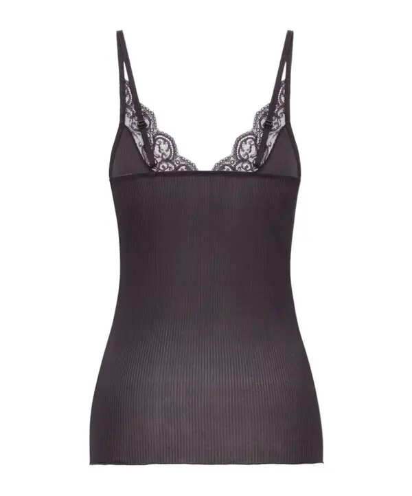 Saint Laurent Ribbed Lace Trim V-neck Tank Top