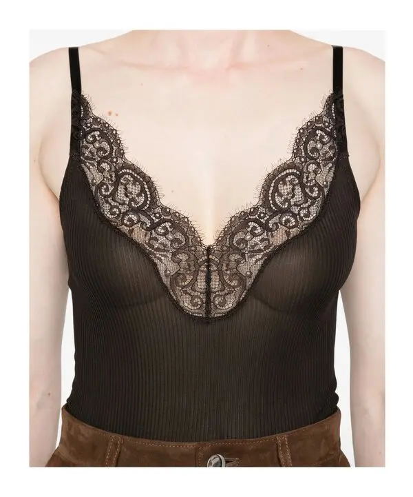Saint Laurent Ribbed Lace Trim V-neck Tank Top - Ebony