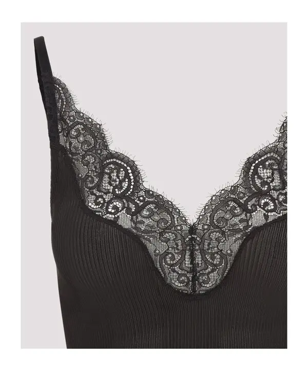 Saint Laurent Ribbed Lace Trim V-neck Tank Top - Ebony