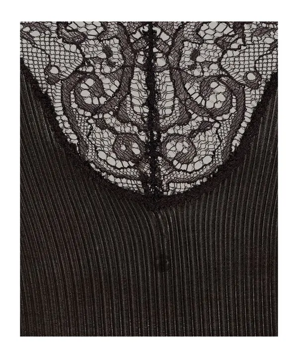Saint Laurent Ribbed Lace Trim V-neck Tank Top - Ebony