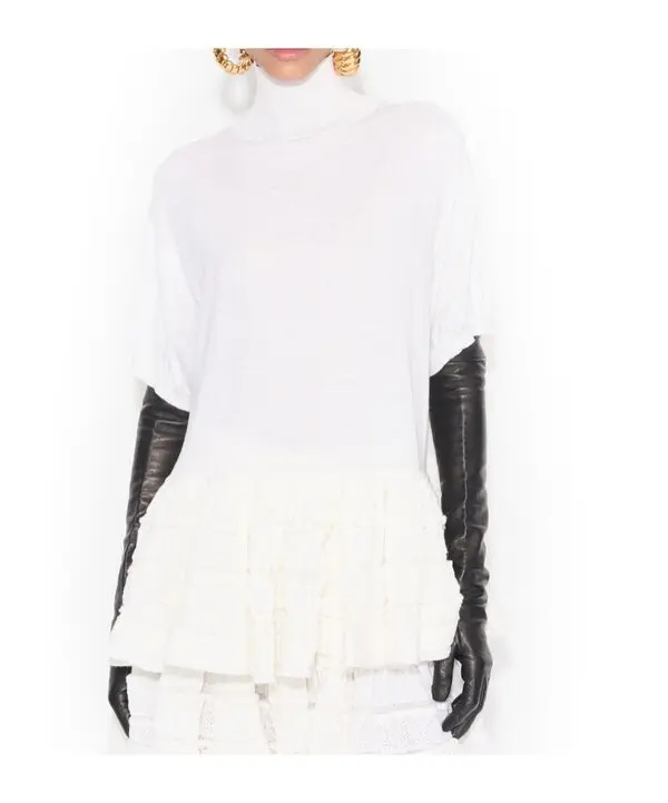 Alaïa High Neck Short Sleeve Top With Ruffled Hem - White