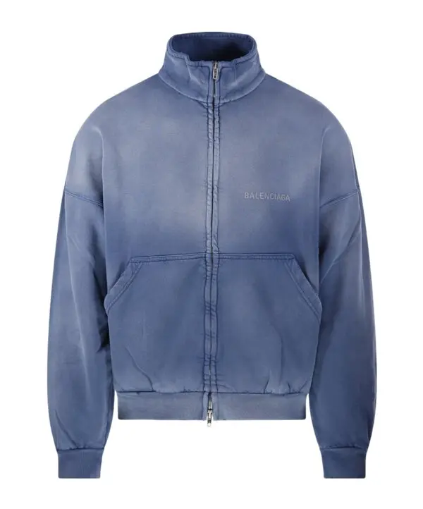 Balenciaga Distressed High Neck Zip-up Jacket - Blue