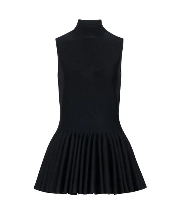 Alaïa High Neck Godet Sleeveless Top With Pleated Flare Hem - Black