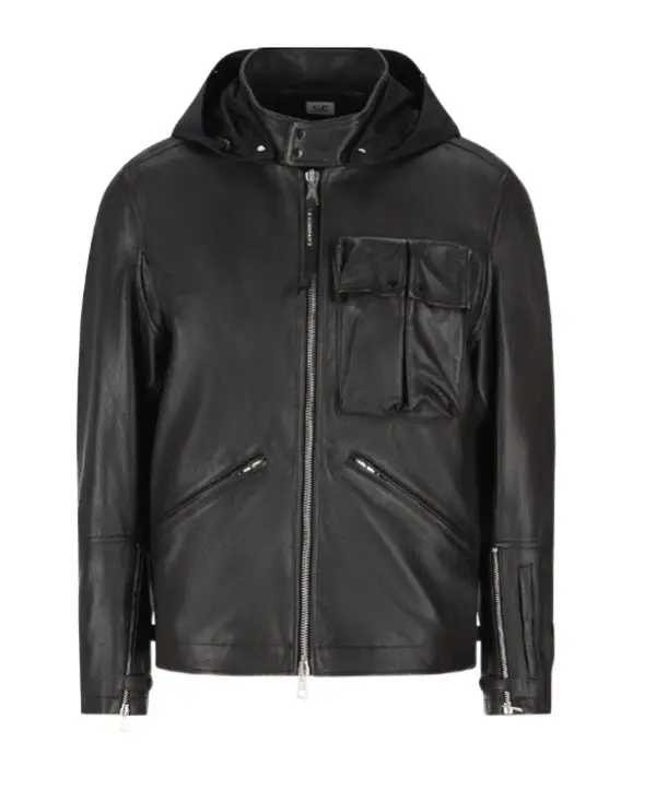 C.P. COMPANY Leather Mille Jacket With Integrated Hood - Black