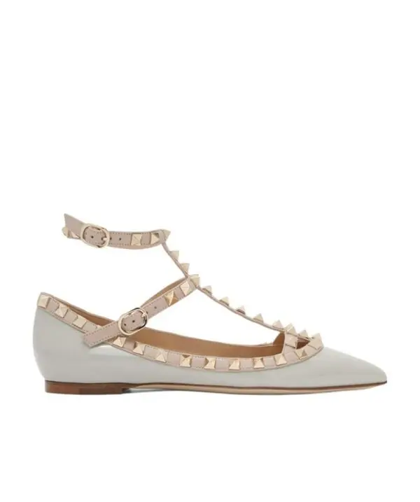 Valentino Garavani Rockstud Embellished Pointed Toe Ballerina Flats - Light Gray