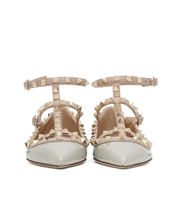 Valentino Garavani Rockstud Embellished Pointed Toe Ballerina Flats - Light Gray