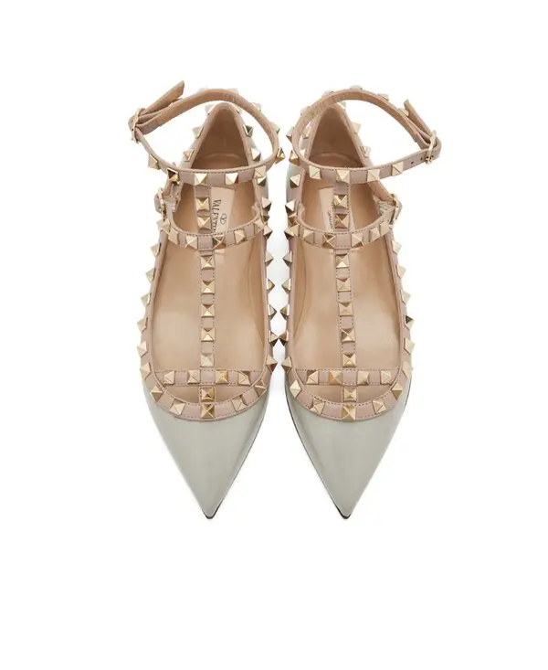 Valentino Garavani Rockstud Embellished Pointed Toe Ballerina Flats - Light Gray
