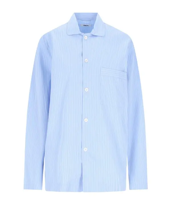 TEKLA Long Sleeved Pinstriped Poplin Pajama Shirt - Blue