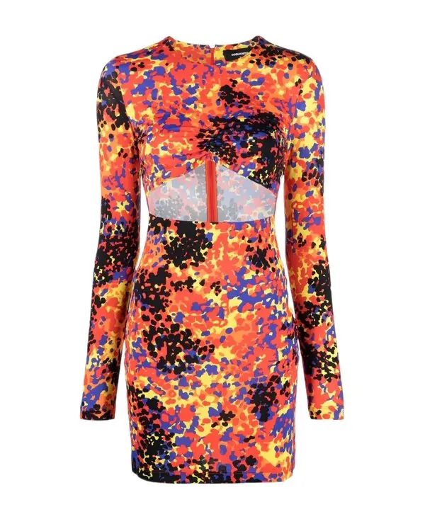 Dsquared2 Abstract Print Cut-out Long Sleeve Mini Dress