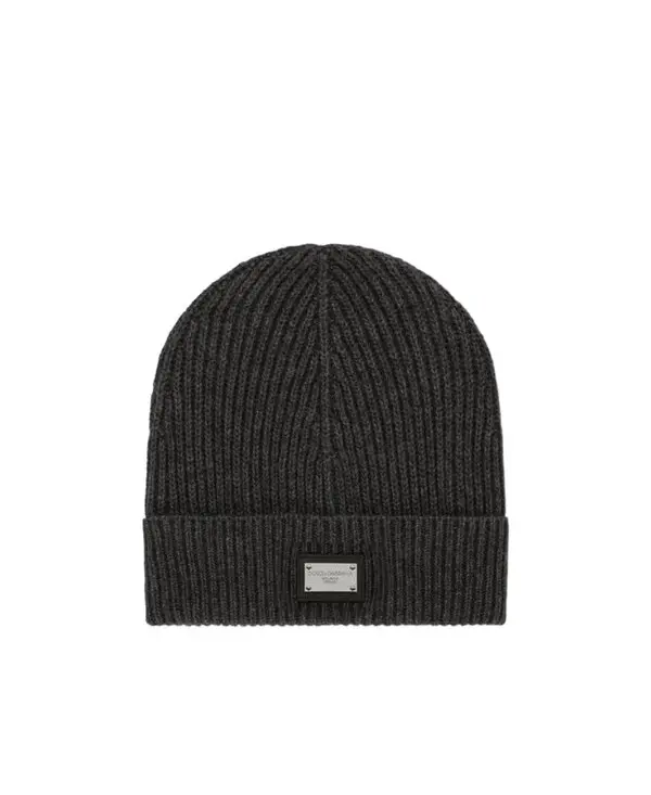 Dolce & Gabbana Knitted Beanie With Metal Logo Tag - Black