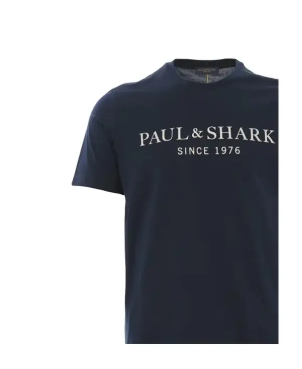 PAUL  SHARK Navy Blue Round Collar Logo T-shirt