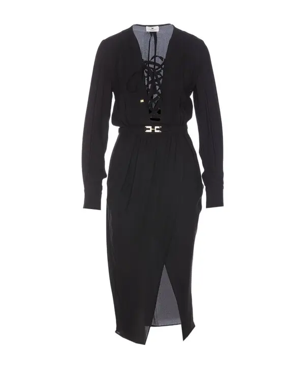 Elisabetta Franchi Georgette Lace Detailed Belted Dress - Black
