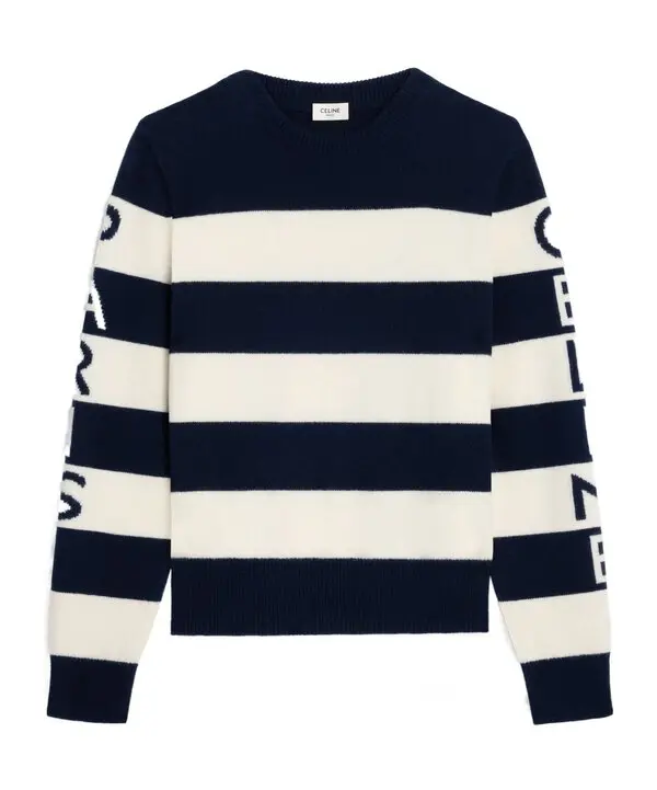 Celine Crewneck Sweater In Wool Cashmere - Ecru/navy Blue