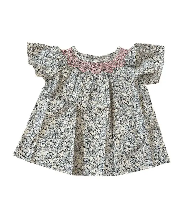 Bonpoint Smocked Floral Print Top - Gray