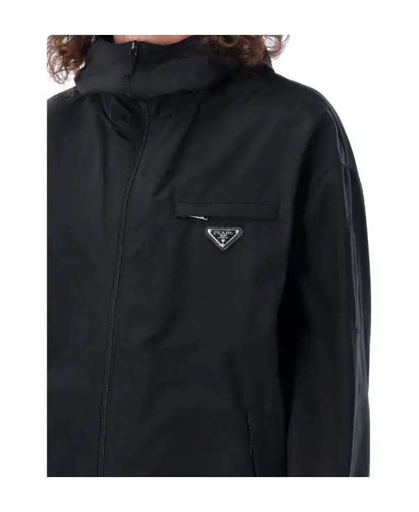Prada Zip Up Jacket With Metal Trimmed Drawstring And Flanged Pocket