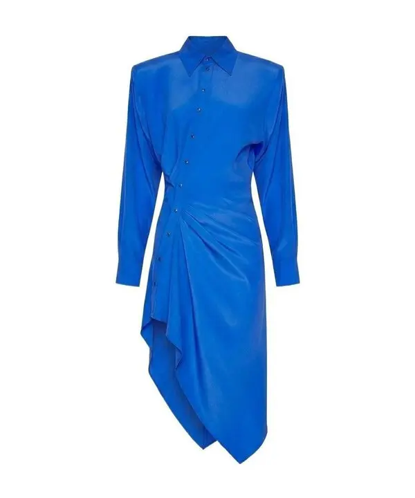 MUGLER Long Sleeve Padded Shoulder Asymmetrical Dress - Blue