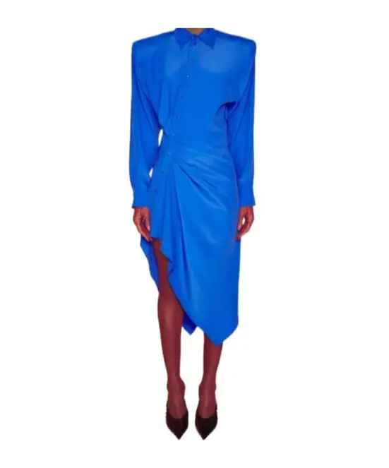 MUGLER Long Sleeve Padded Shoulder Asymmetrical Dress - Blue