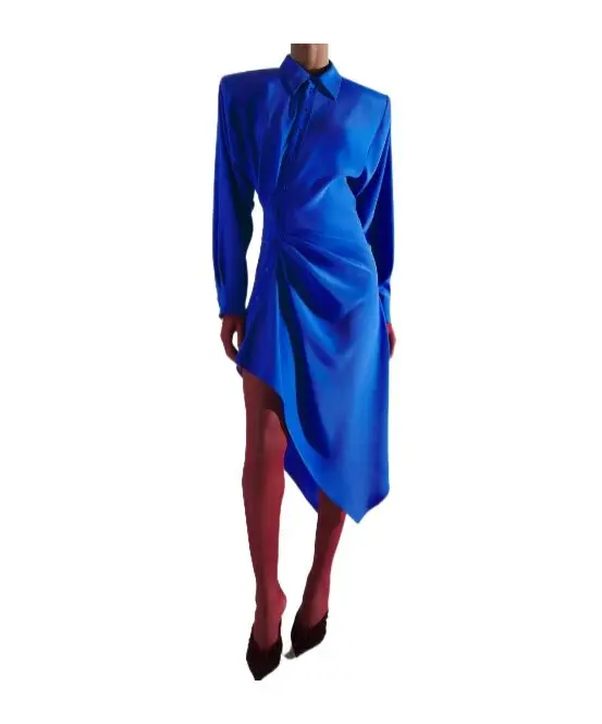 MUGLER Long Sleeve Padded Shoulder Asymmetrical Dress - Blue