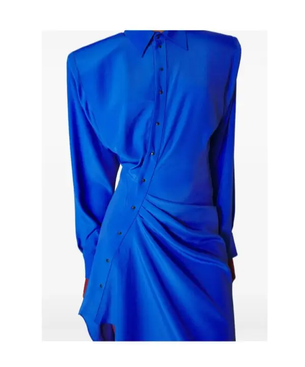 MUGLER Long Sleeve Padded Shoulder Asymmetrical Dress - Blue